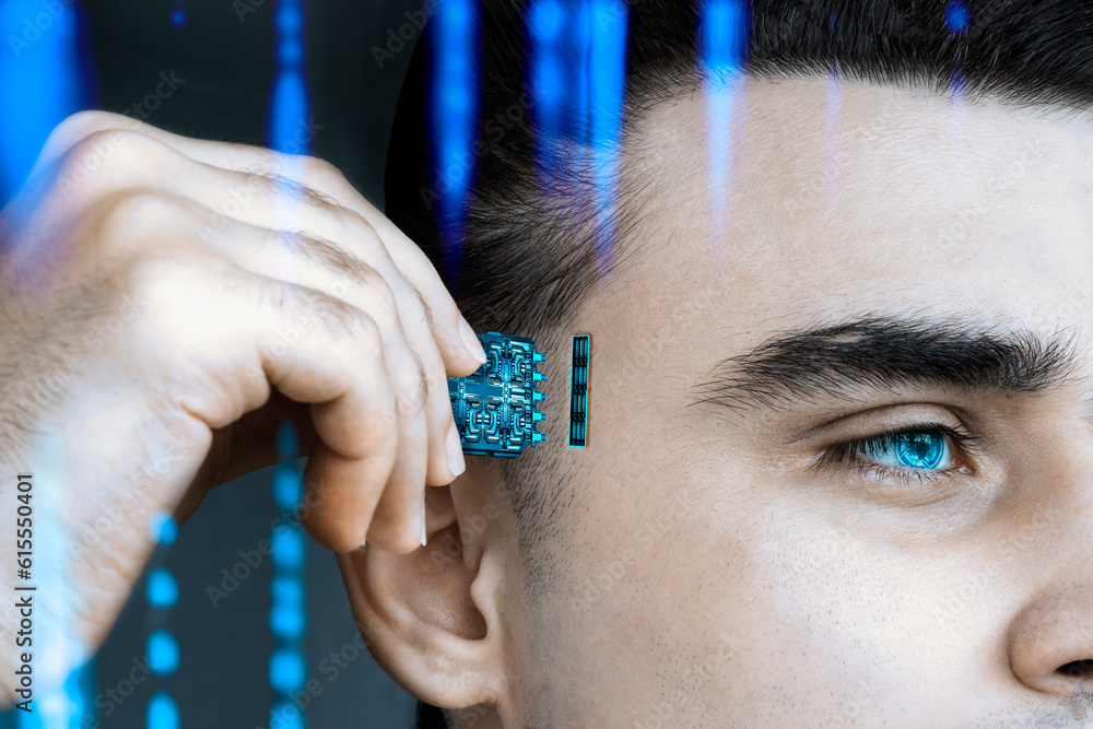 Artificial intelligence AI concept. Human head with cyber socket for ...