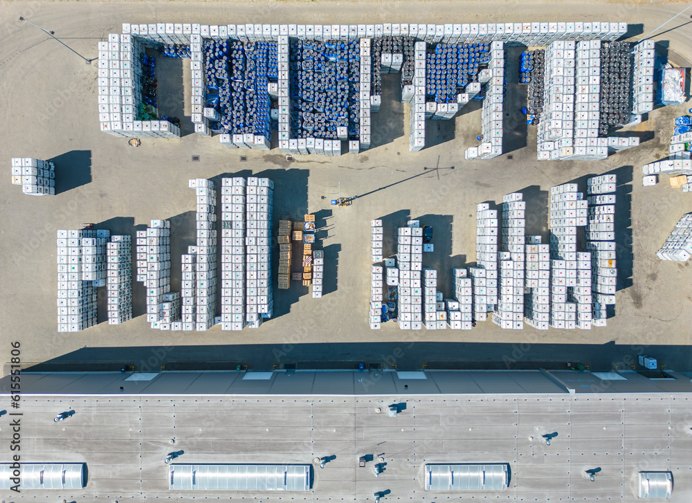 Aerial view of goods warehouse. Logistics center in industrial city ...