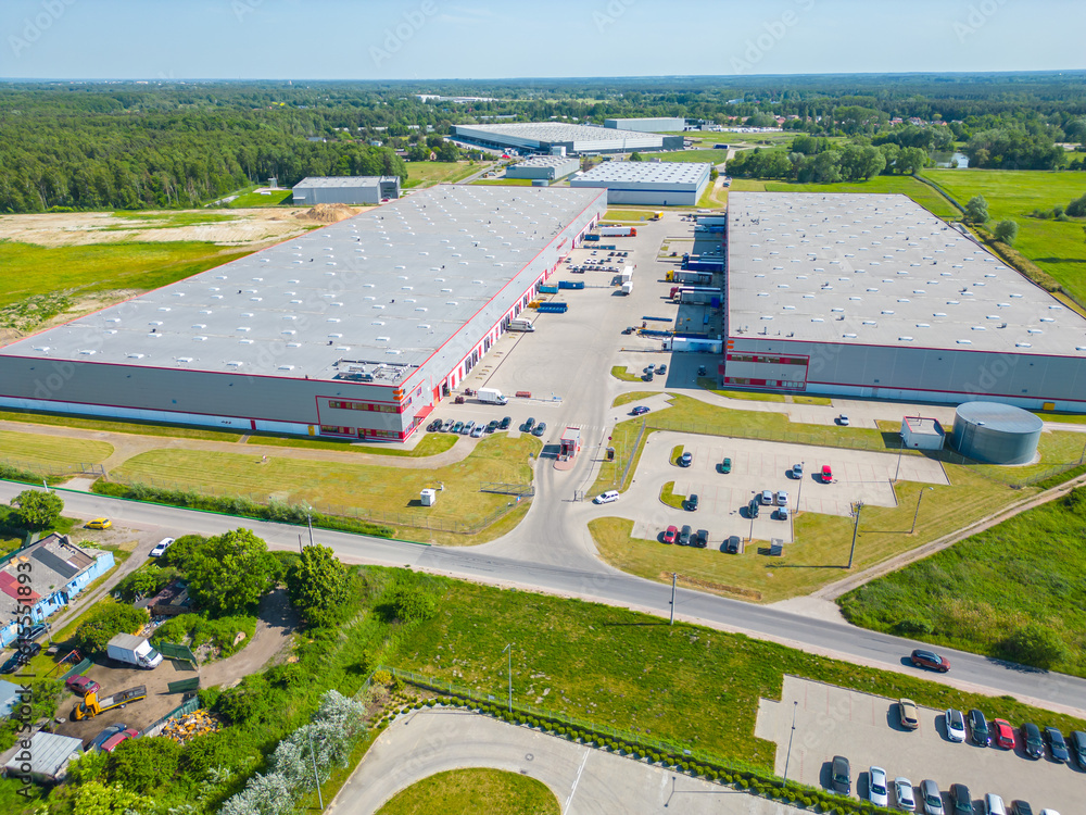 Aerial view of goods warehouse. Logistics center in industrial city ...
