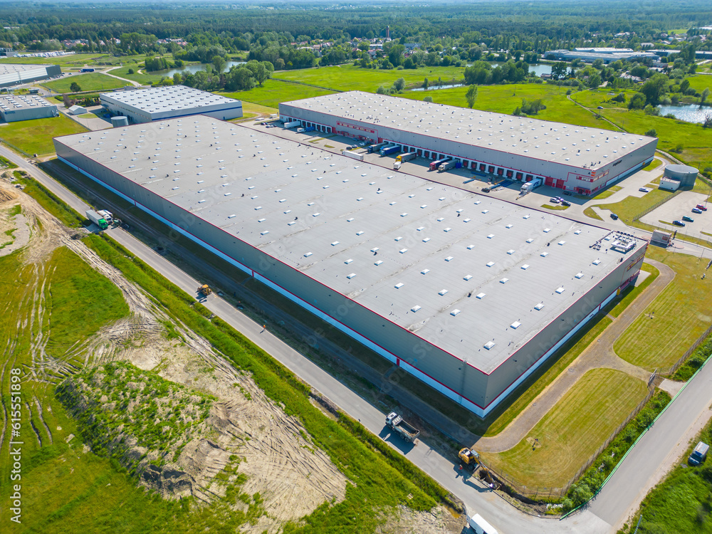 Aerial view of distribution center, drone photo of industrial logistics ...