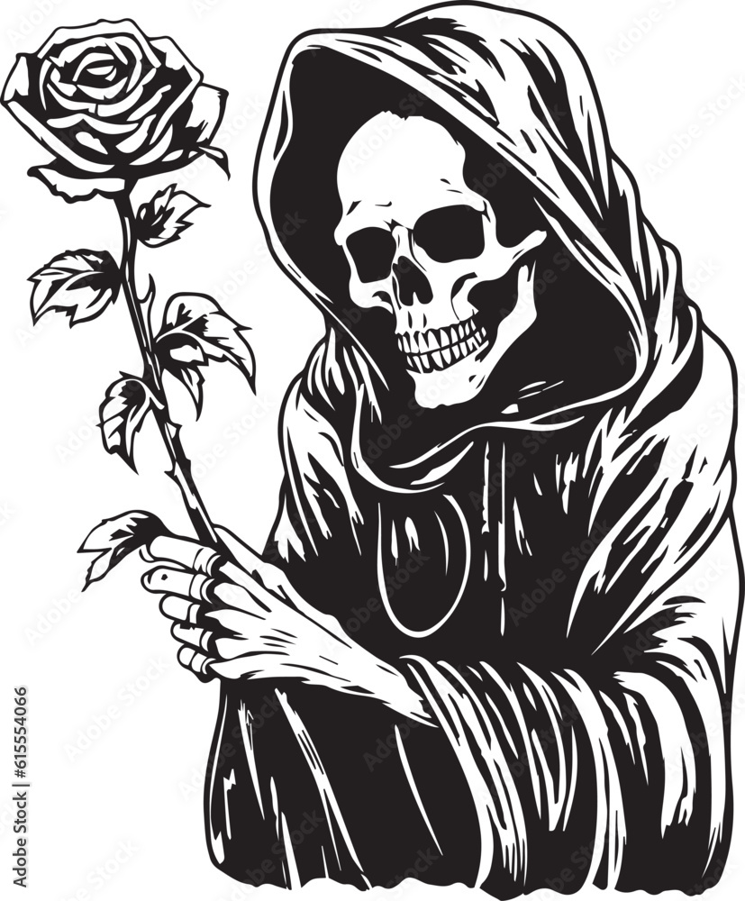 Death with roses, Grim Reaper, Skeleton in black robe Vector ...