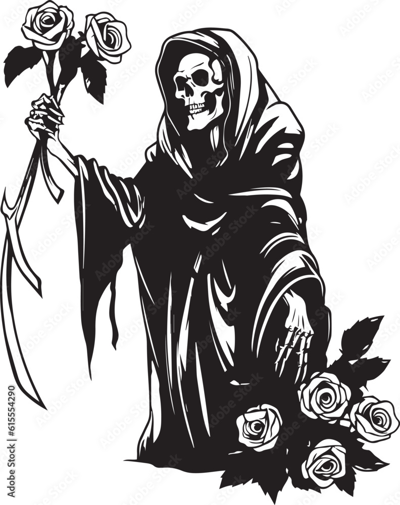 Poster Death with roses, Grim Reaper, Skeleton in black robe Vector ...