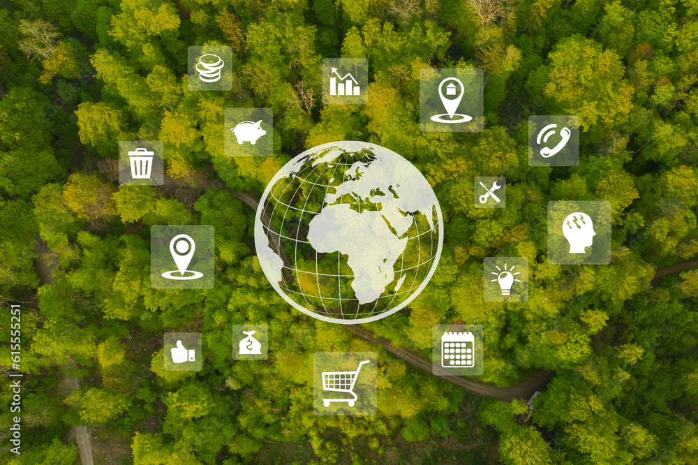 Globe in green forest. Environment protection concept. Ecology ...