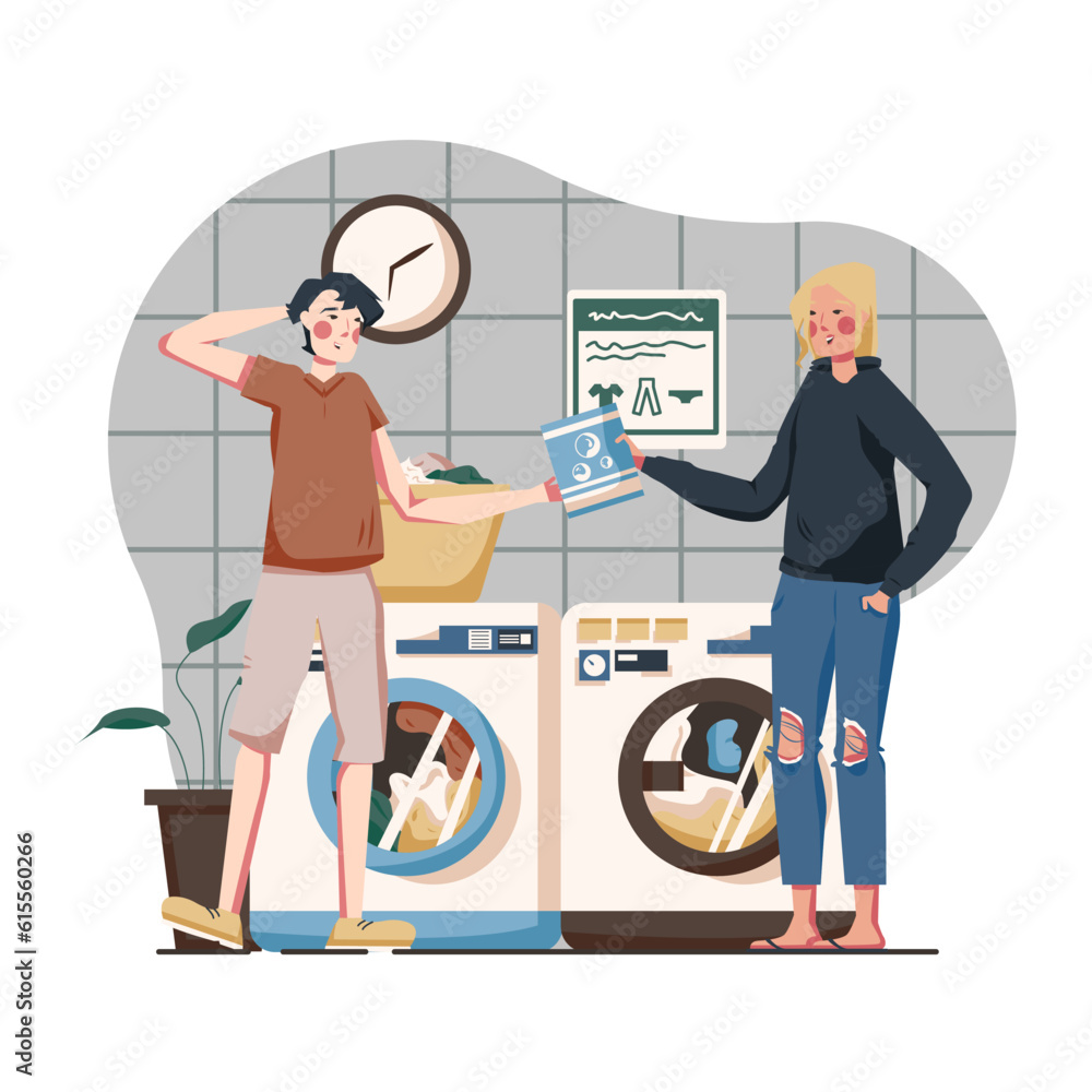 Group of young people doing laundry. Smiling female holding soap powder ...