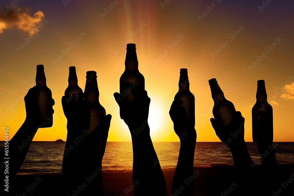 silhouette of a person holding a bottle of beer, Sunset Cheers: A Photo ...