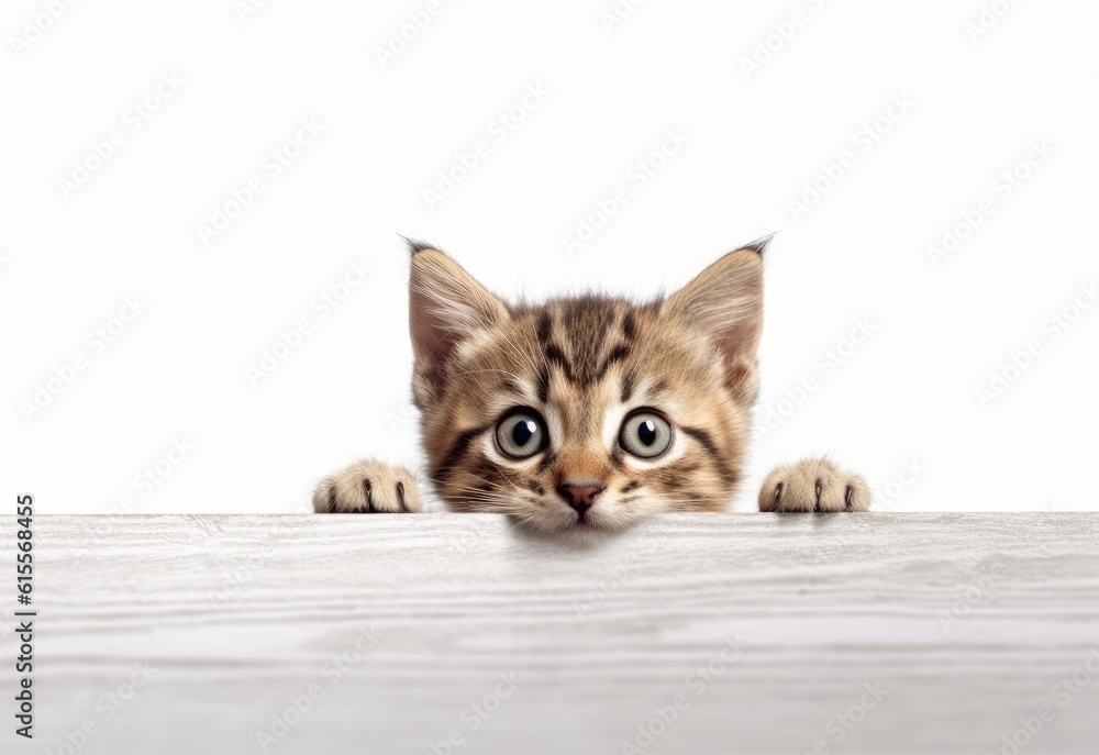 Adorable Pixie-bob Kitten Peeking Out from Behind White Table with Copy ...