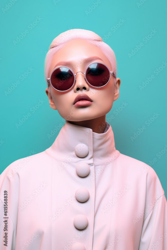 60s fashion, bold pop art, photo shoot style, of beautiful albino asian ...