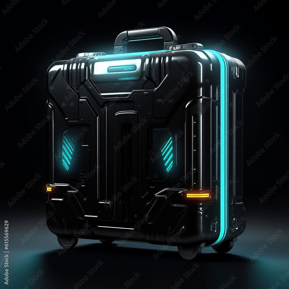 Futuristic black suitcases with lights. Radiant tron theme bag ...