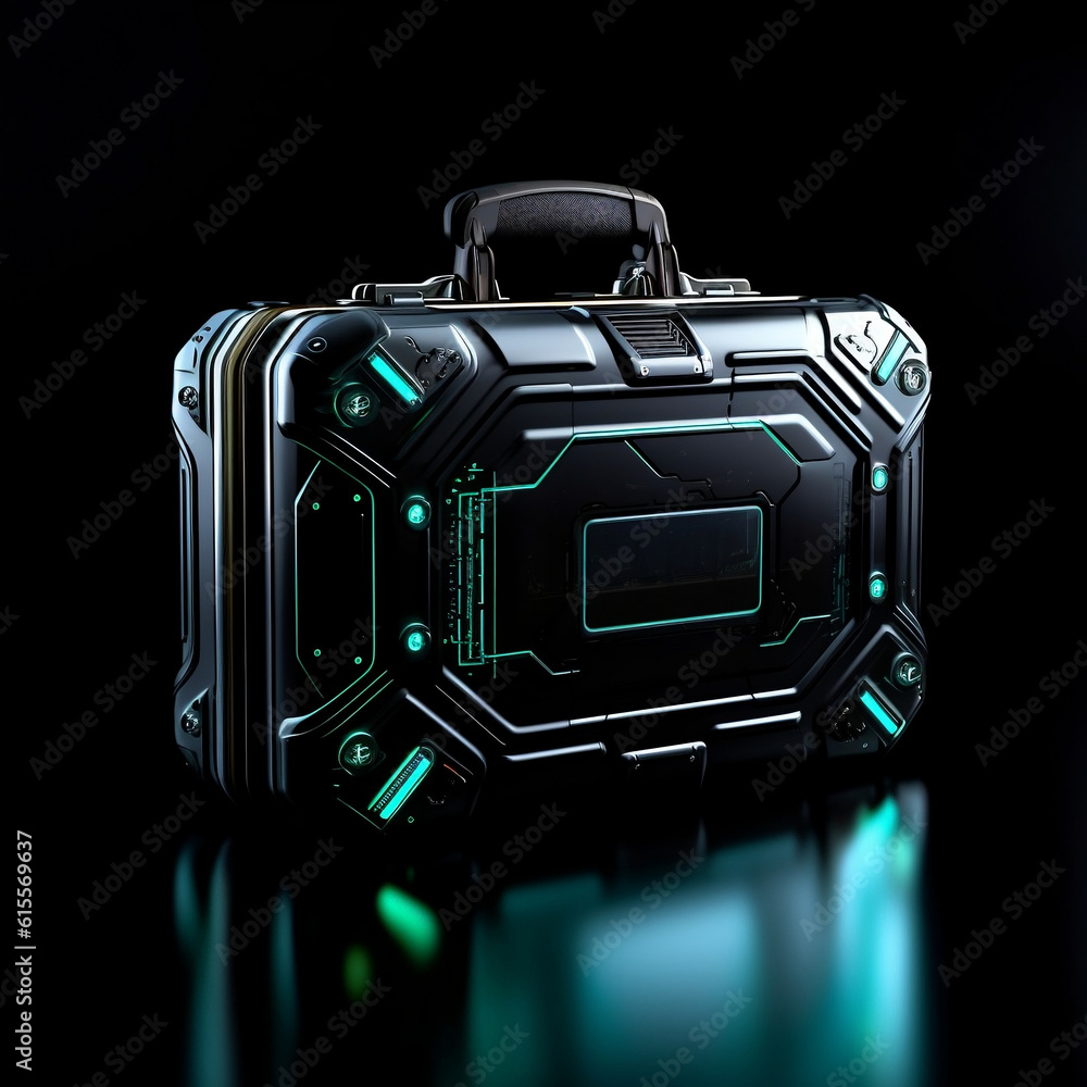 Futuristic black suitcases with lights. Radiant tron theme bag ...