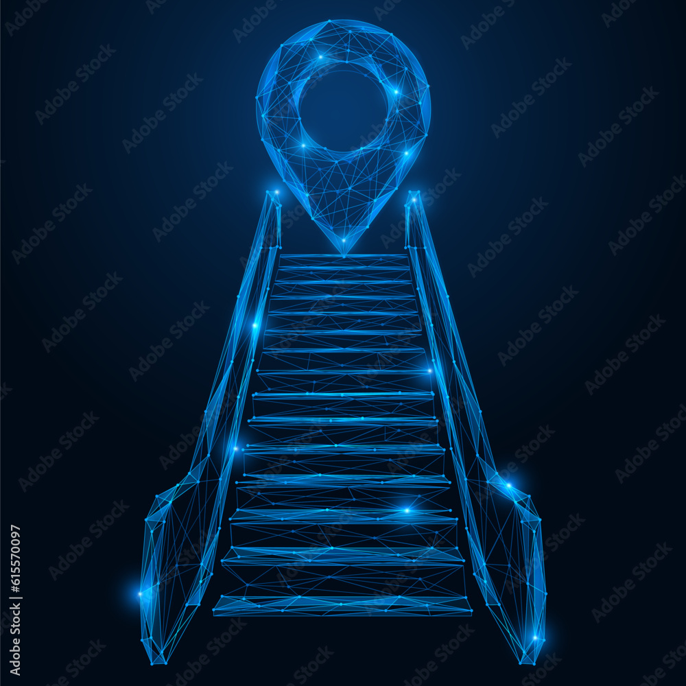 The end point of the route is at the top of the stairs. Low-poly design ...