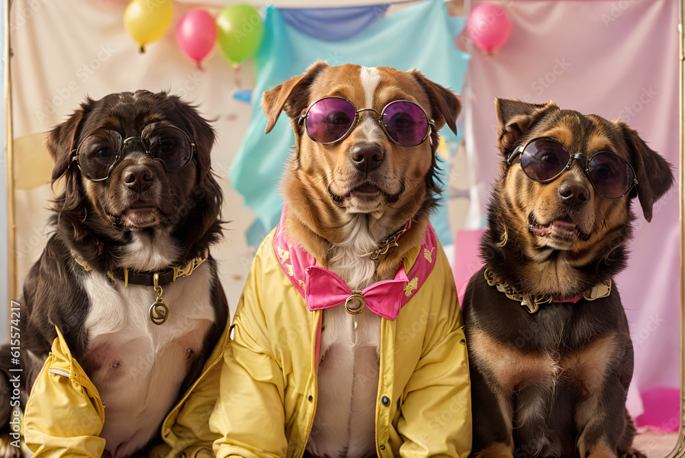 portrait of three party dogs with sunglasses (one in yellow jacked with ...