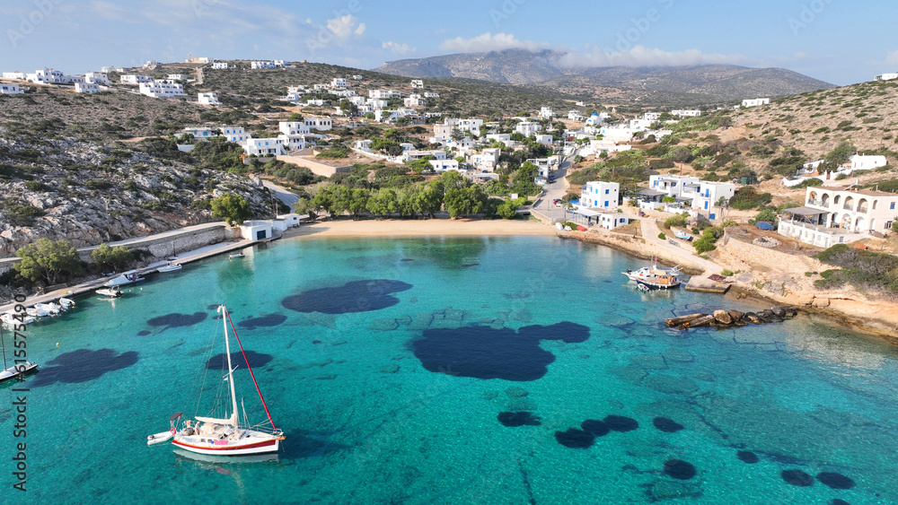 Aerial drone photo from small port in island of Irakleia island and ...