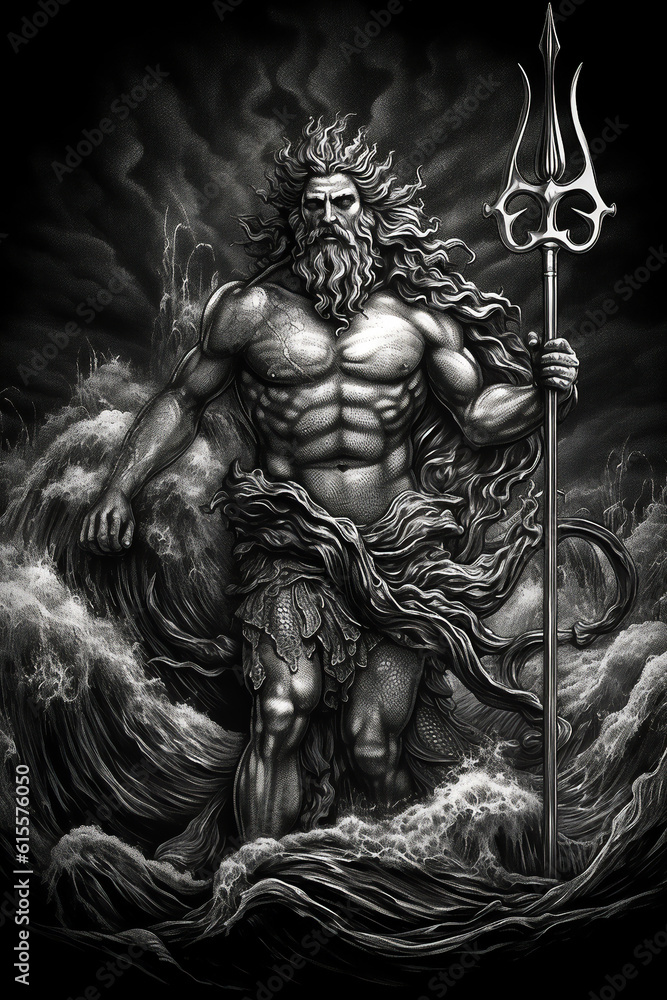 Engraving portrait of Neptune the Roman god of the sea who's Greek ...