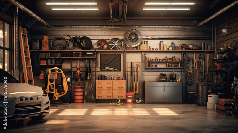 Interior garage with mechanic tools Stock Illustration | Adobe Stock