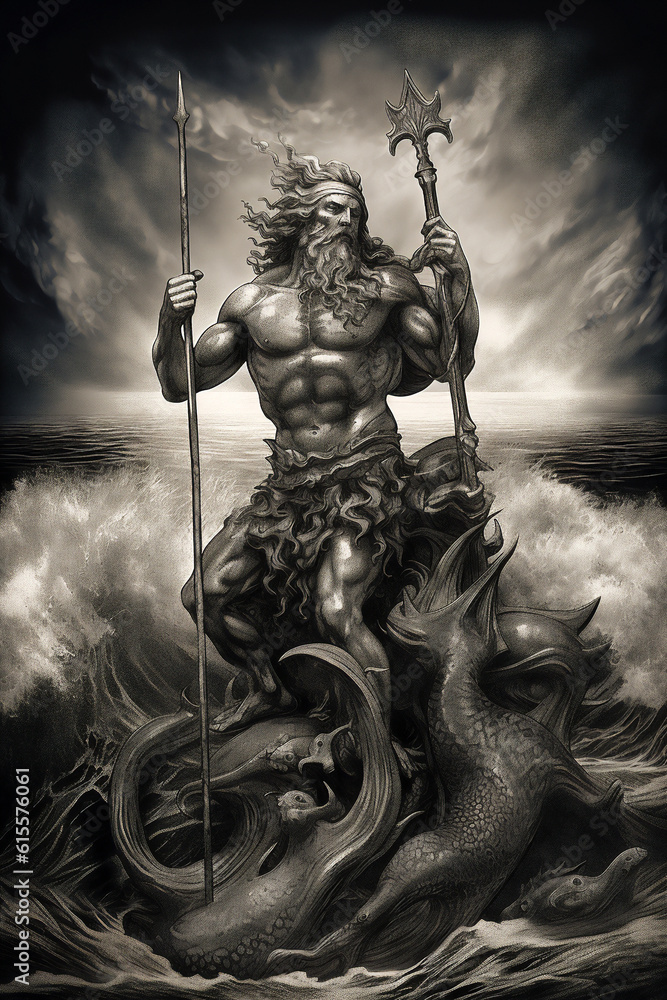 Engraving portrait of Neptune the Roman god of the sea who's Greek ...