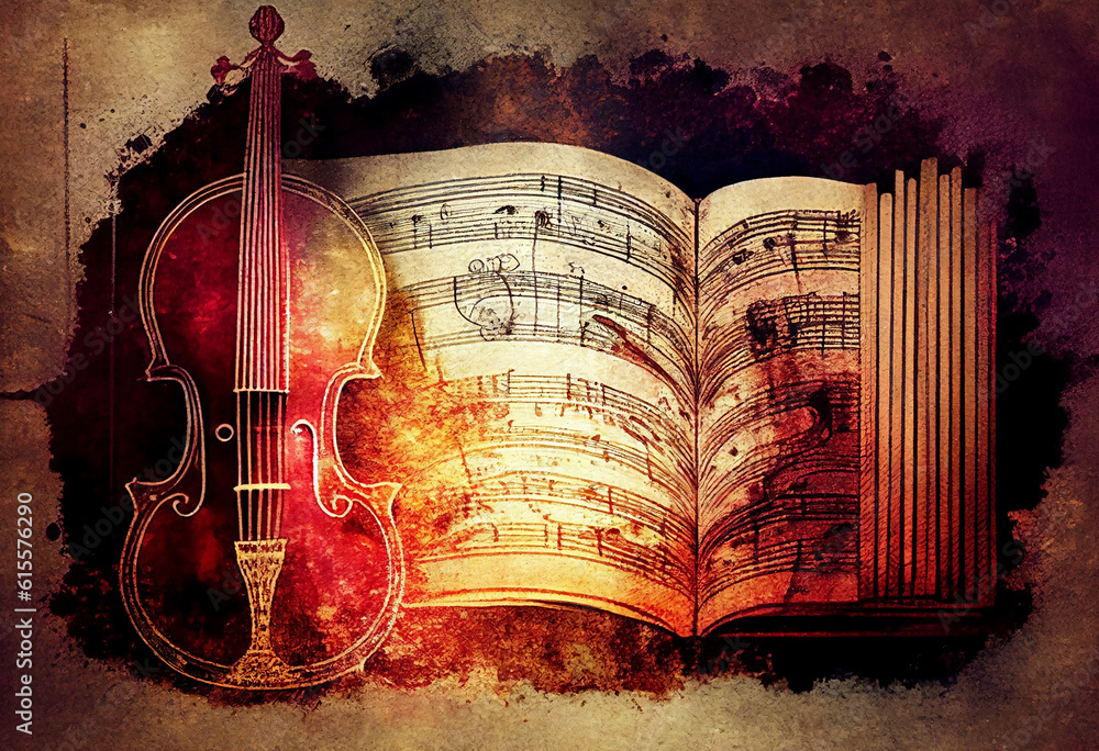 Violin and sheet music score book background with an abstract vintage ...