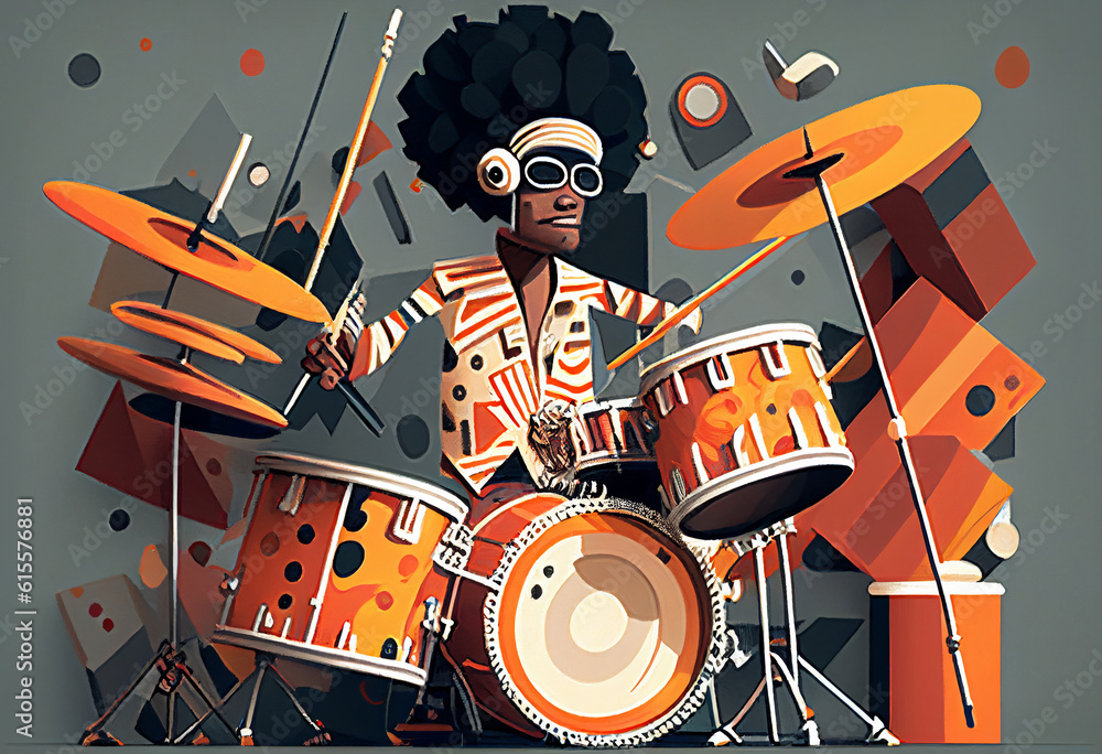 Afro-American male drummer musician playing a drum kit in an abstract ...