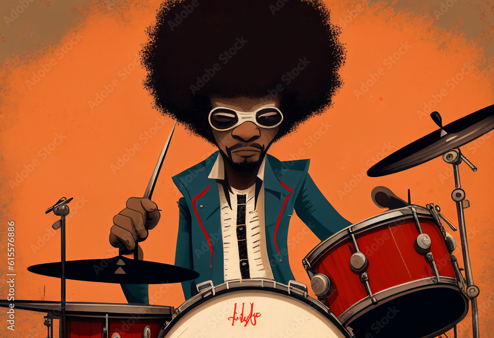 Afro-American male drummer musician playing a drum kit in an abstract ...