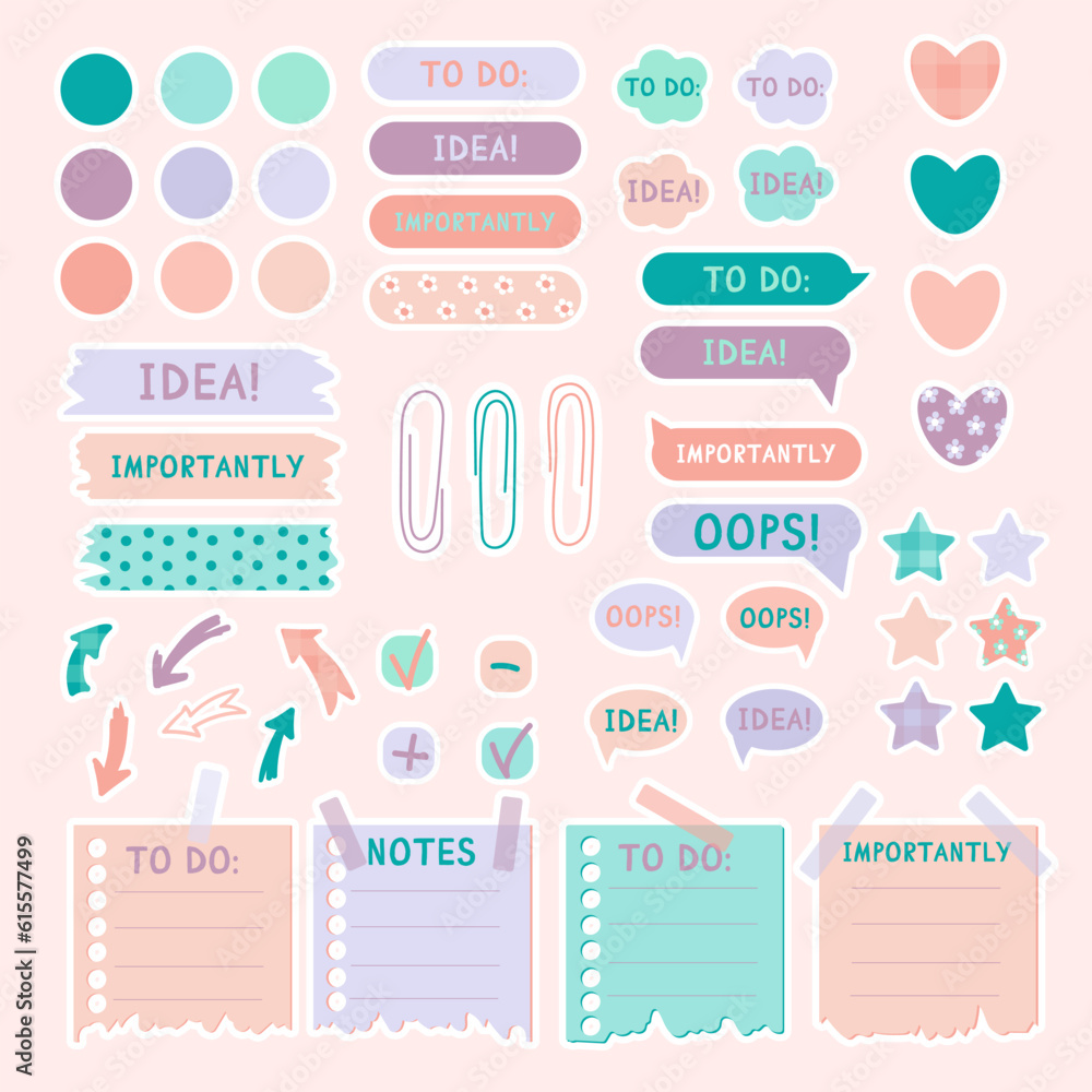 Cute paper notes in pastel colors. Stickers. Simple page. Stationary ...
