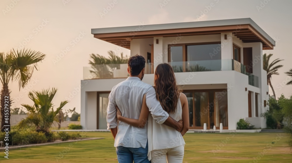 Happy young couple standing in front of new home - Husband and wife ...