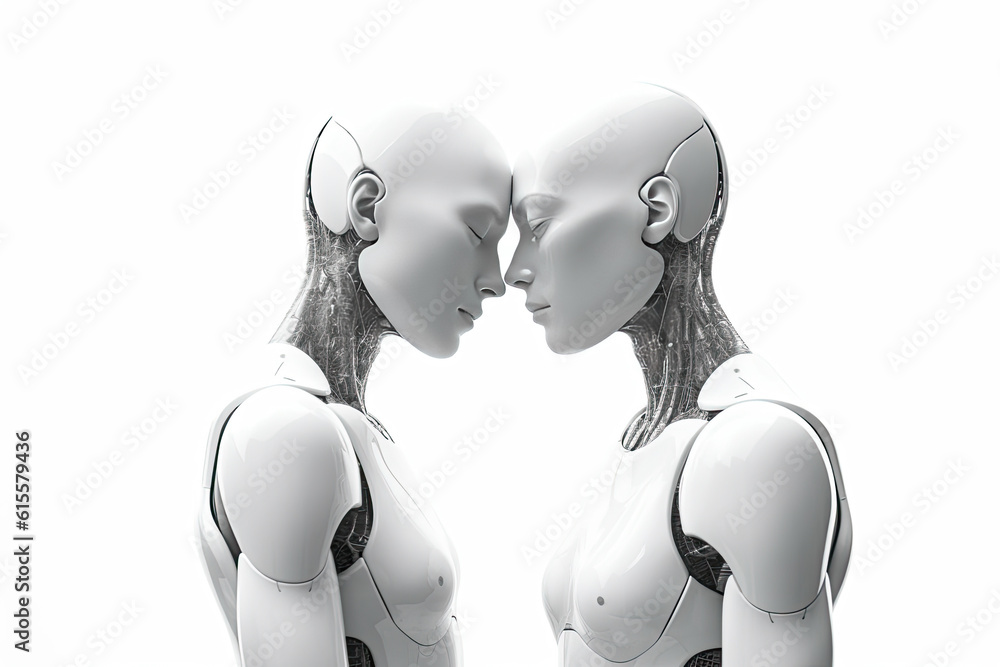 two humanoids facing each other one's head, with white background and copy space in the top ...