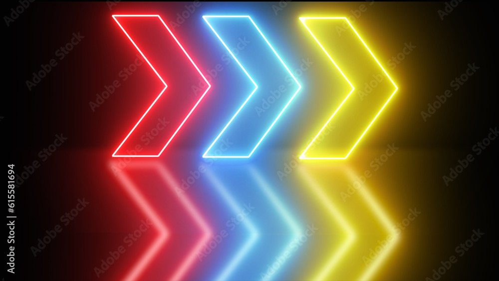 Glowing neon arrows with shadows. Glowing neon arrow pointers on black ...