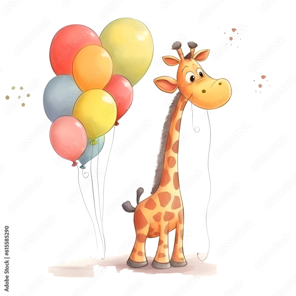 cartoon happy giraffe with balloons on white background - illustration ...