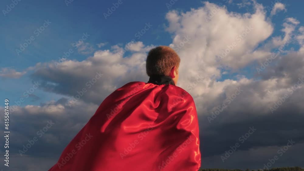 child boy son kid superhero plays park sunset red cape wind, childhood ...