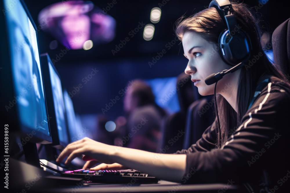 Girl gamer immersed in a world of digital fun and excitement, playing ...