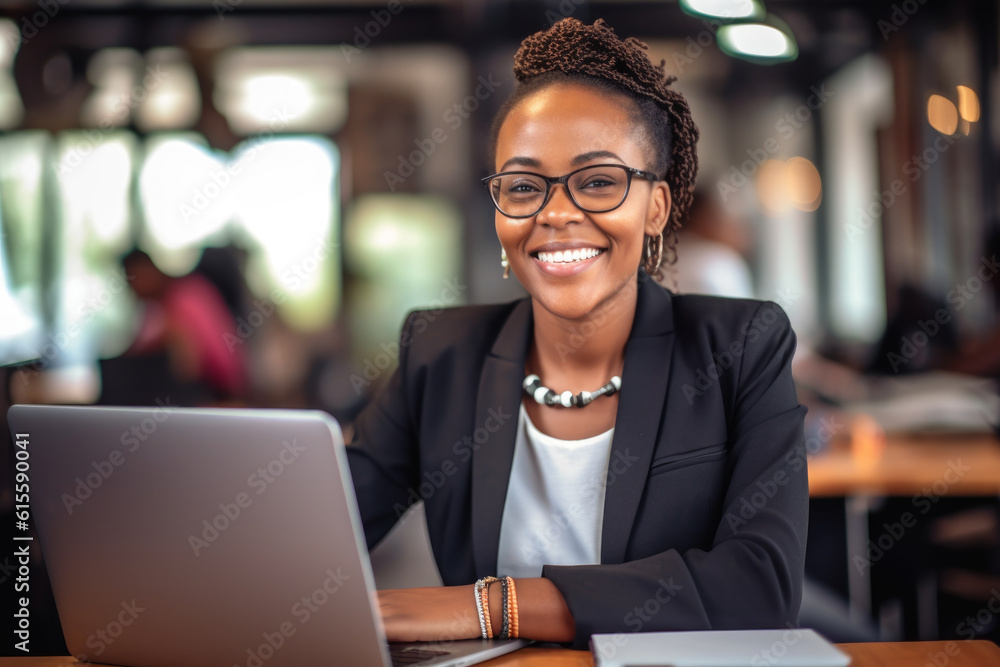 Black woman professional working on a laptop in an office setting ...