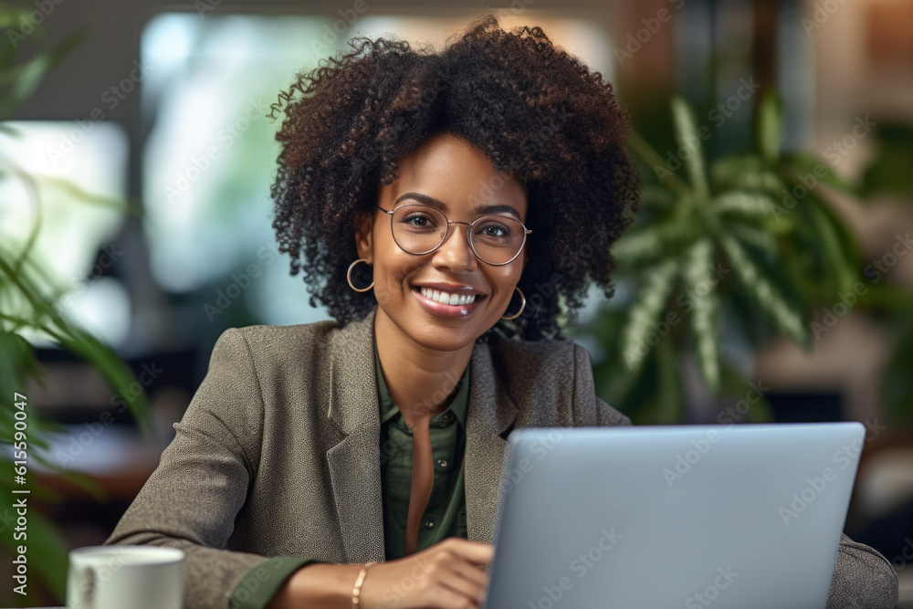 Black woman professional working on a laptop in an office setting ...