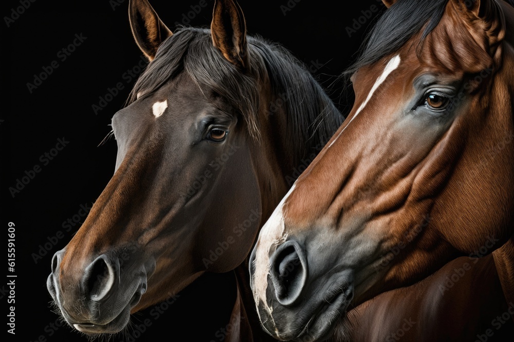 two majestic brown horses standing side by side in a grassy field. Generative AI Stock ...