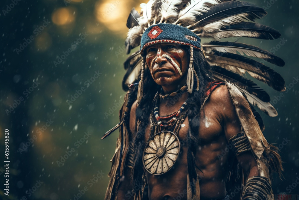 Native American warrior in traditional attire with an engaging ...