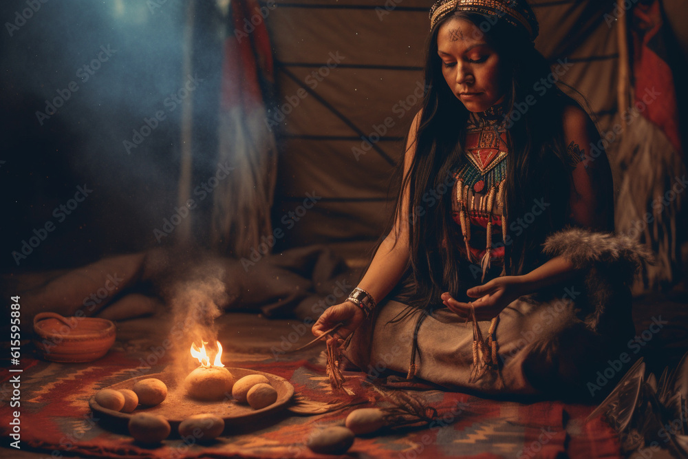 Native American medicine woman conducting a sacred ritual with an ...
