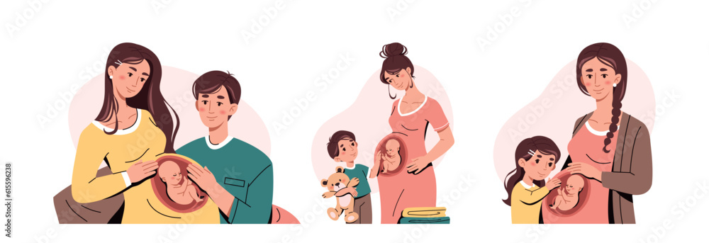 Happy pregnant women set. Smiling parents and children expecting ...