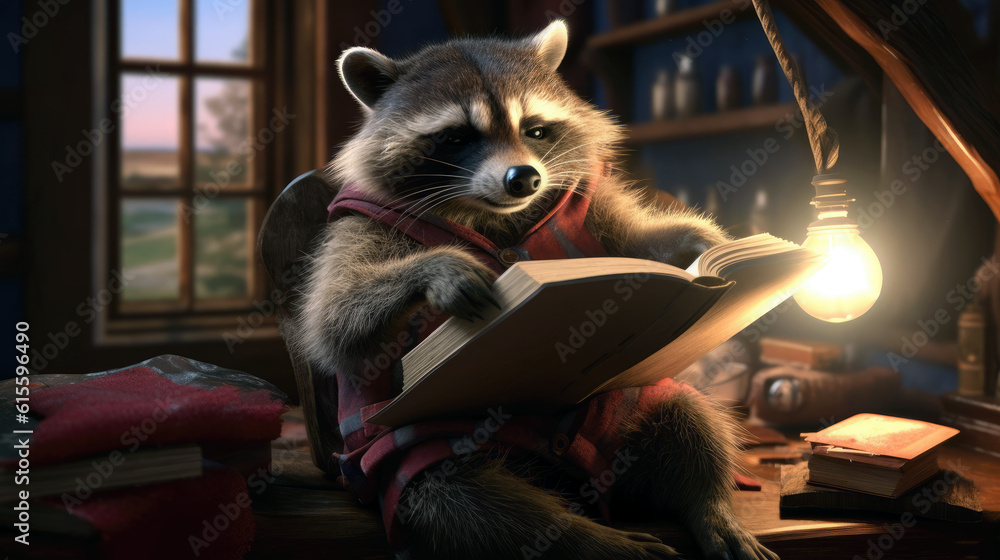 mischievous raccoon fully engrossed in the pages of a book. Generative ...