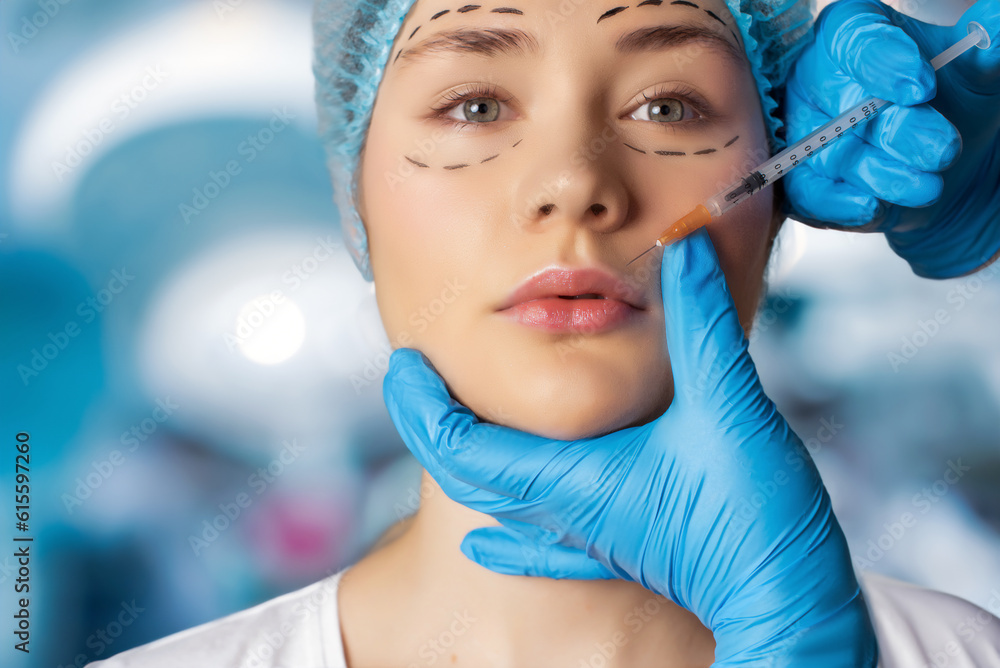 Pretty girl with dark eyebrows wearing blue medical hat at hospital ...