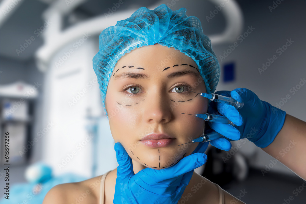 Horizontal shot of woman under going a face lift surgery. Female face ...