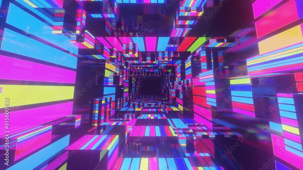 multicolor tunnel. Fly through mirror tunnel with neon pattern, glow lines form sci fi pattern ...