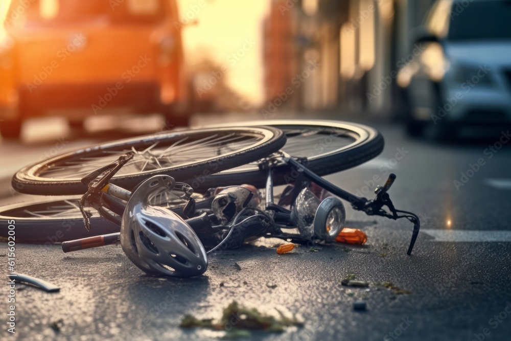 Urban scene with a bike crash road accident lying on the ground, with broken bike and helmet in ...