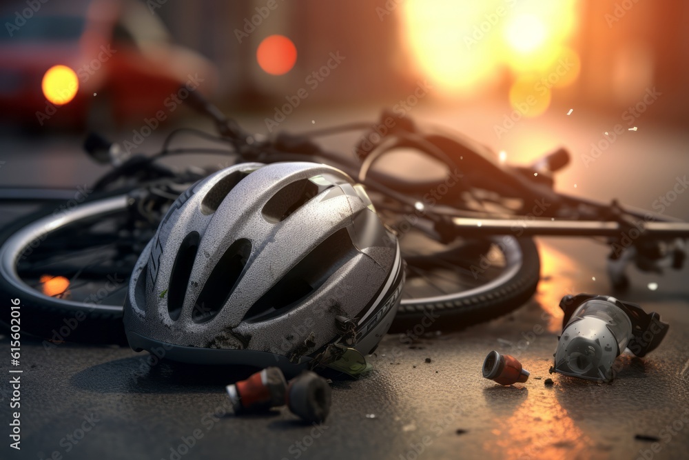 Urban scene with a bike crash road accident lying on the ground, with ...