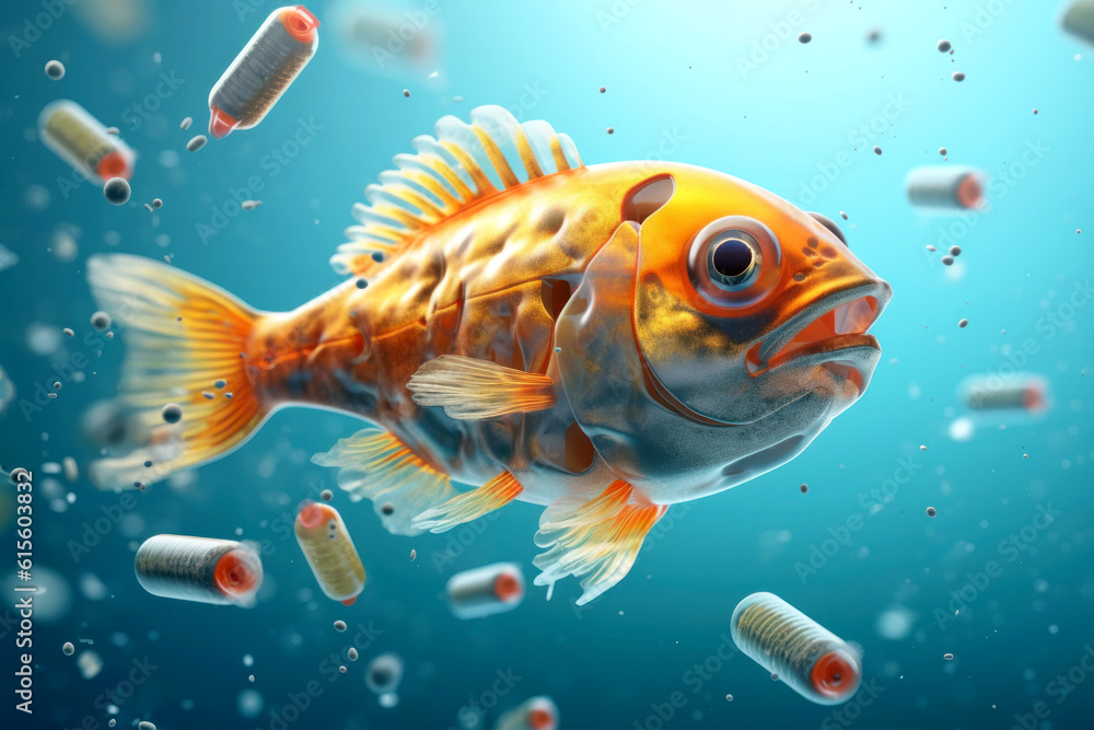 Fish in dirty water with microplastics and debris, suffering from ...