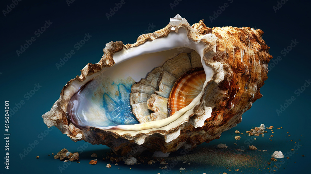 Poster The mangled and damaged shell of an oyster clam, caused by the ...