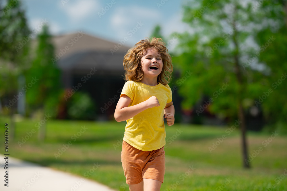 Kid running in summer street. Child enjoy run. Little boy running on ...