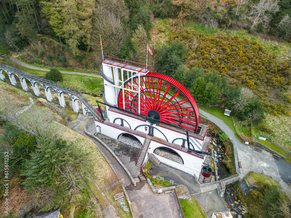 Aerial view of The Laxey Wheel - the largest surviving original working ...