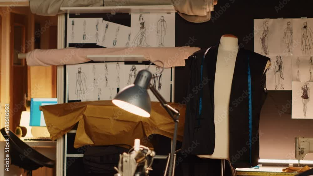 Industrial mannequin and drawings in sewing shop, tools used to create ...