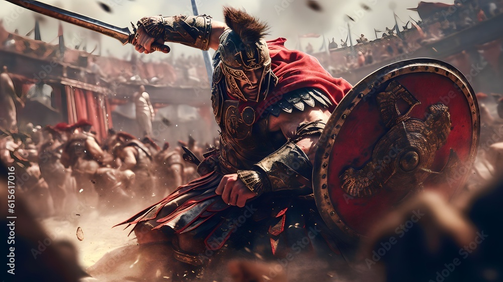 a fierce gladiator attacking. An armoured roman gladiator in combat ...