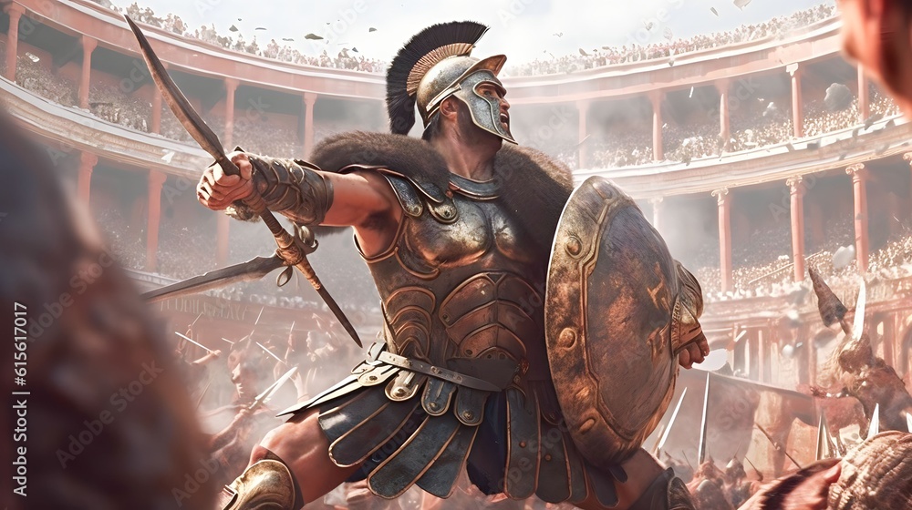 a fierce gladiator attacking. An armoured roman gladiator in combat ...