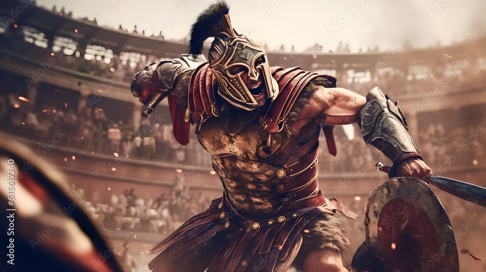 a fierce gladiator attacking. An armoured roman gladiator in combat ...