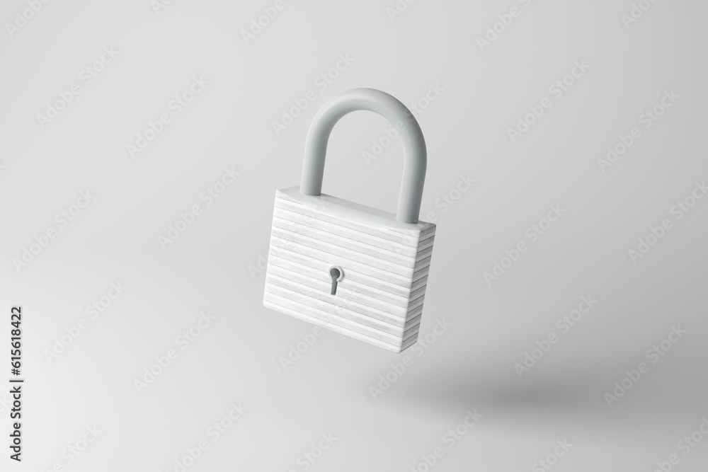 White padlock floating in mid air with shadow on white background in ...